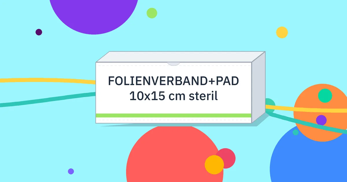 Symbolbild: Packung mit der Aufschrift FOLIENVERBAND+PAD 10x15 cm steril (PZN 17558746) – Verfügbarkeit und Bezug in Apotheken in Frankfurt am Main