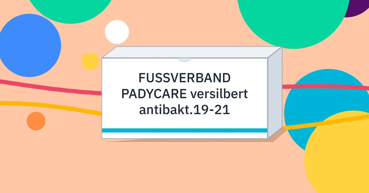 Symbolbild: Packung mit der Aufschrift FUSSVERBAND PADYCARE versilbert antibakt.19-21 (PZN 10939959) – Verfügbarkeit und Bezug in Apotheken in Frankfurt am Main