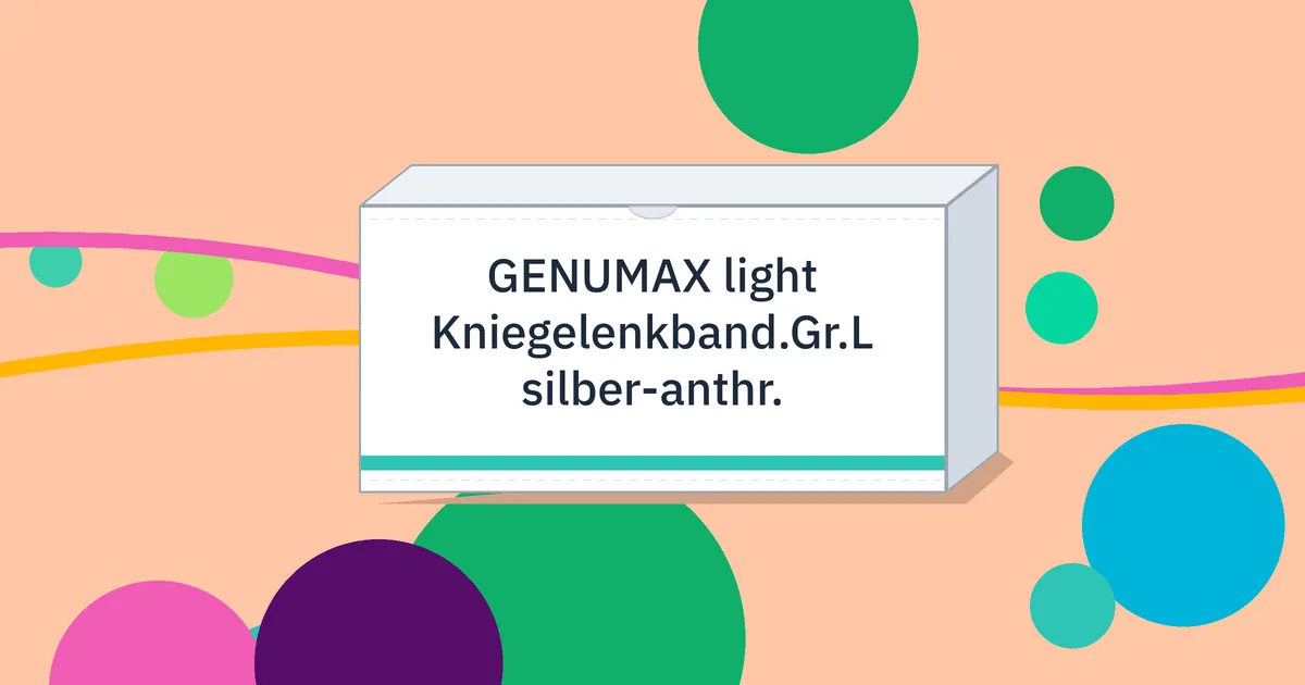 Symbolbild: Packung mit der Aufschrift GENUMAX light Kniegelenkband.Gr.L silber-anthr. (PZN 11097391) – Verfügbarkeit und Bezug in Apotheken in Frankfurt am Main