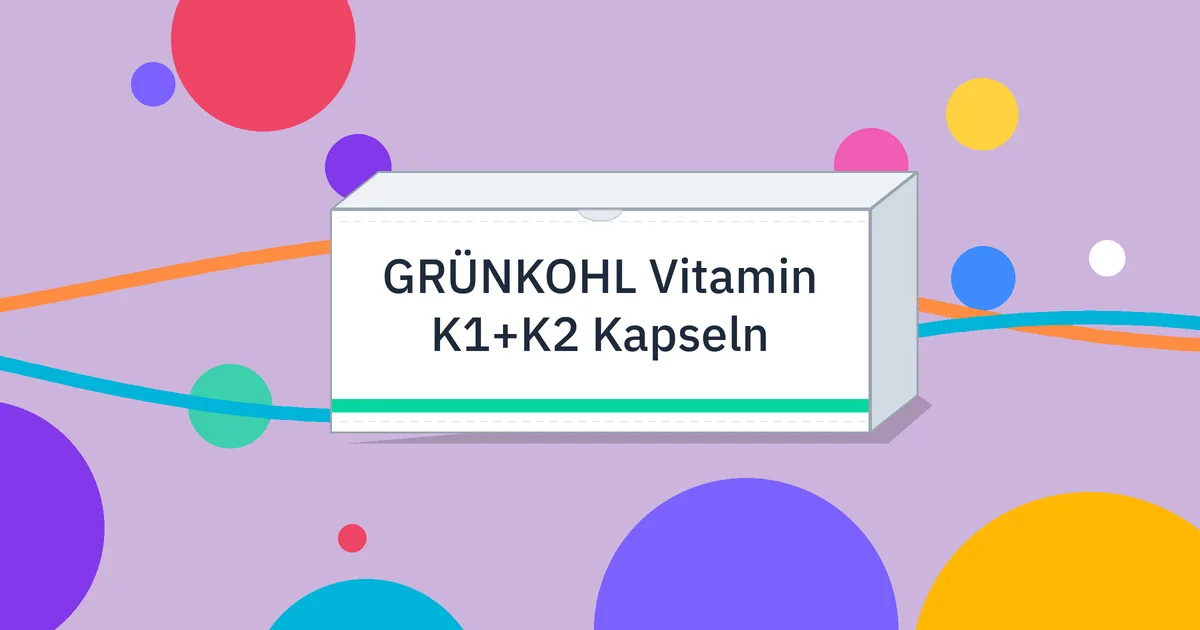 Symbolbild: Packung mit der Aufschrift GRÜNKOHL Vitamin K1+K2 Kapseln (PZN 13581636) – Verfügbarkeit und Bezug in Apotheken in Frankfurt am Main