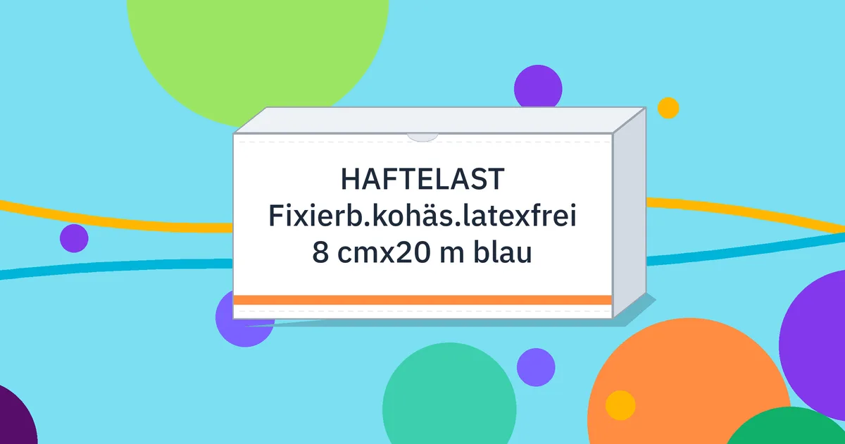 Symbolbild: Packung mit der Aufschrift HAFTELAST Fixierb.kohäs.latexfrei 8 cmx20 m blau (PZN 15998375) – Verfügbarkeit und Bezug in Apotheken in Frankfurt am Main