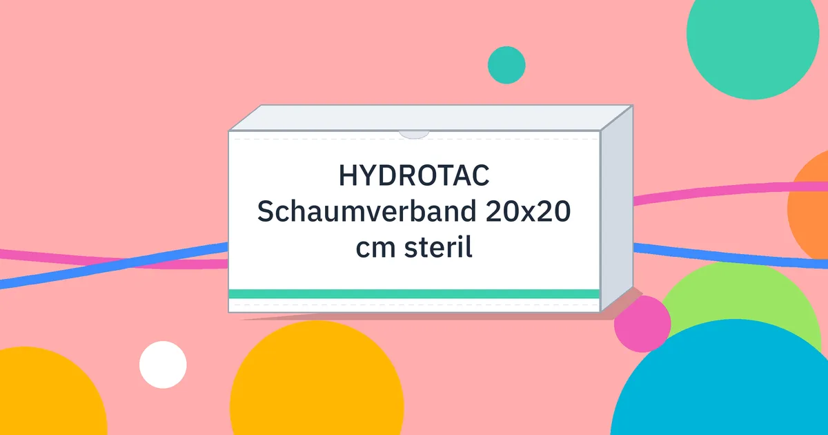 Symbolbild: Packung mit der Aufschrift HYDROTAC Schaumverband 20x20 cm steril (PZN 12578081) – Verfügbarkeit und Bezug in Apotheken in Frankfurt am Main