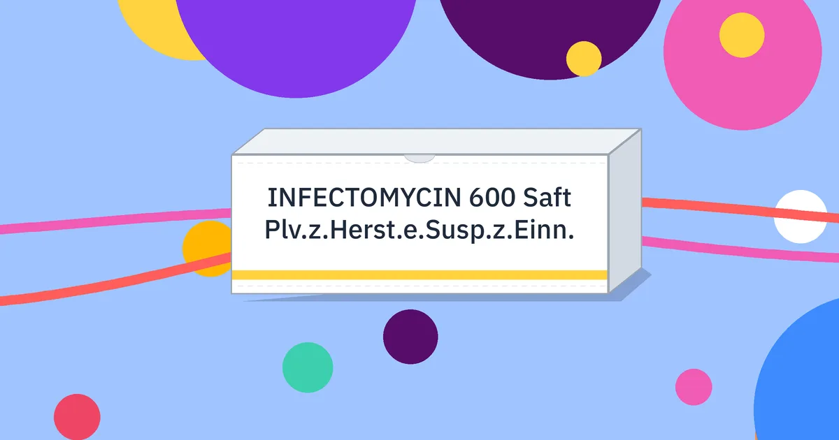 Symbolbild: Packung mit der Aufschrift INFECTOMYCIN 600 Saft Plv.z.Herst.e.Susp.z.Einn. (PZN 04543944) – Verfügbarkeit und Bezug in Apotheken in Frankfurt am Main