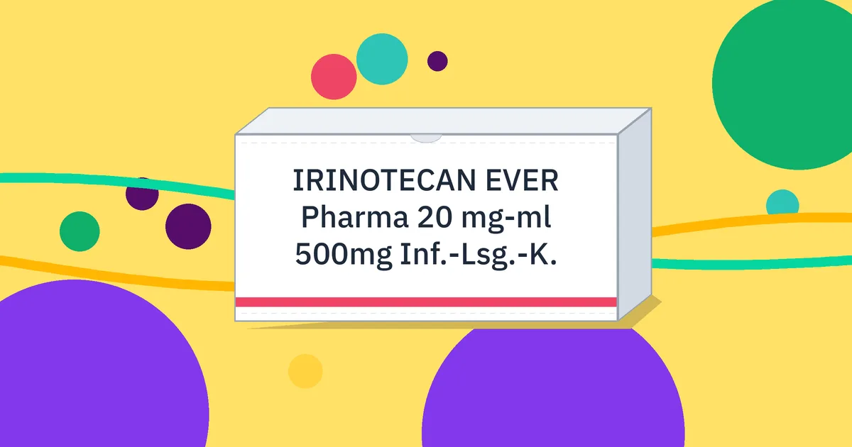 Symbolbild: Packung mit der Aufschrift IRINOTECAN EVER Pharma 20 mg-ml 500mg Inf.-Lsg.-K. (PZN 16149282) – Verfügbarkeit und Bezug in Apotheken in Frankfurt am Main