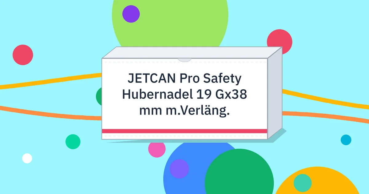 Symbolbild: Packung mit der Aufschrift JETCAN Pro Safety Hubernadel 19 Gx38 mm m.Verläng. (PZN 19238744) – Verfügbarkeit und Bezug in Apotheken in Frankfurt am Main