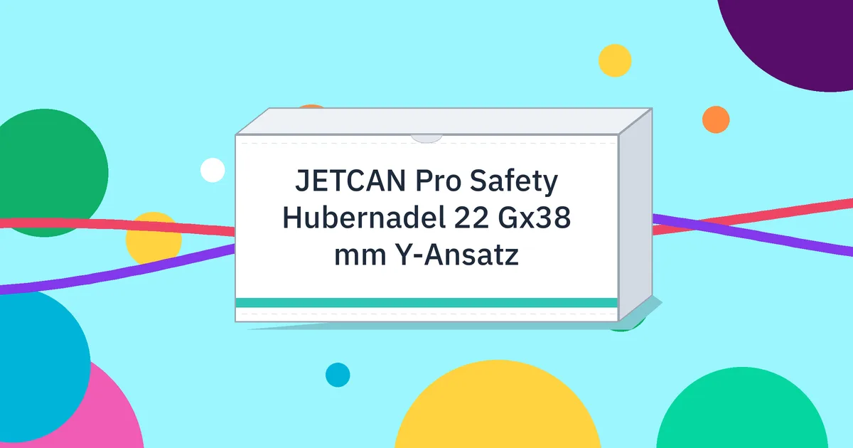 Symbolbild: Packung mit der Aufschrift JETCAN Pro Safety Hubernadel 22 Gx38 mm Y-Ansatz (PZN 19238773) – Verfügbarkeit und Bezug in Apotheken in Frankfurt am Main