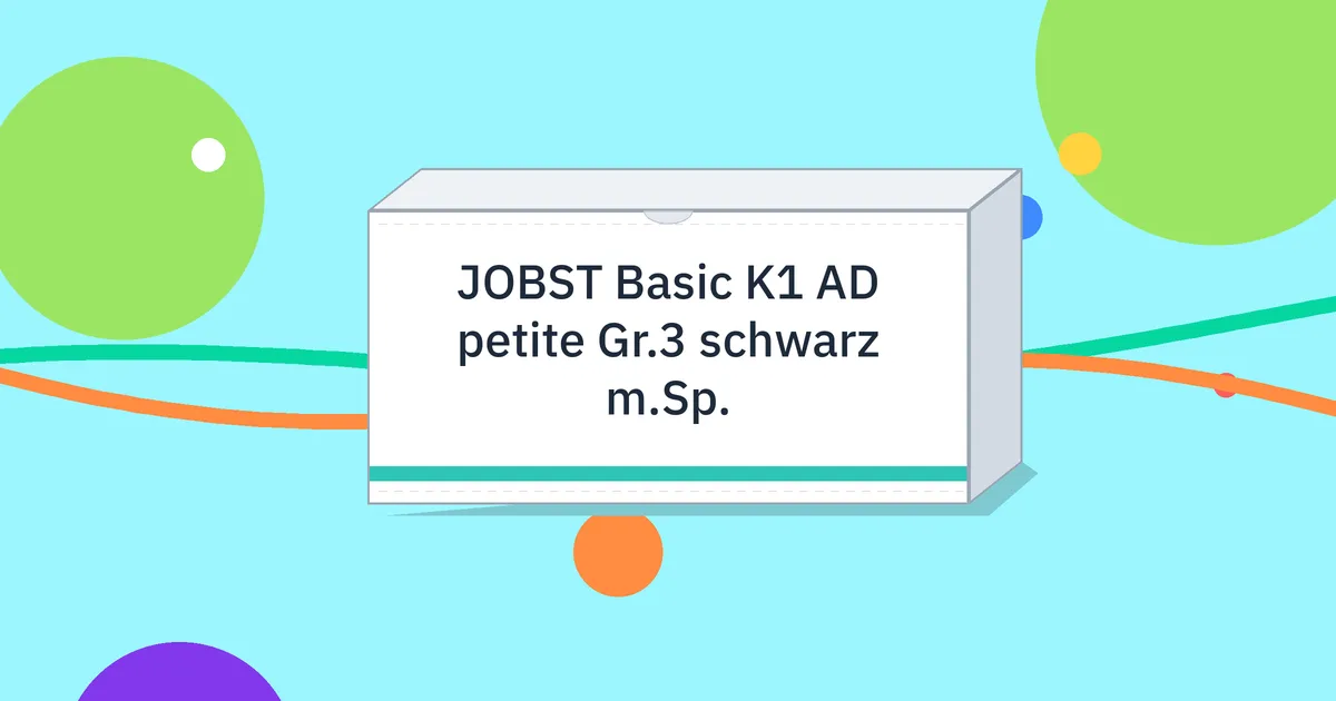 Symbolbild: Packung mit der Aufschrift JOBST Basic K1 AD petite Gr.3 schwarz m.Sp. (PZN 15310769) – Verfügbarkeit und Bezug in Apotheken in Frankfurt am Main