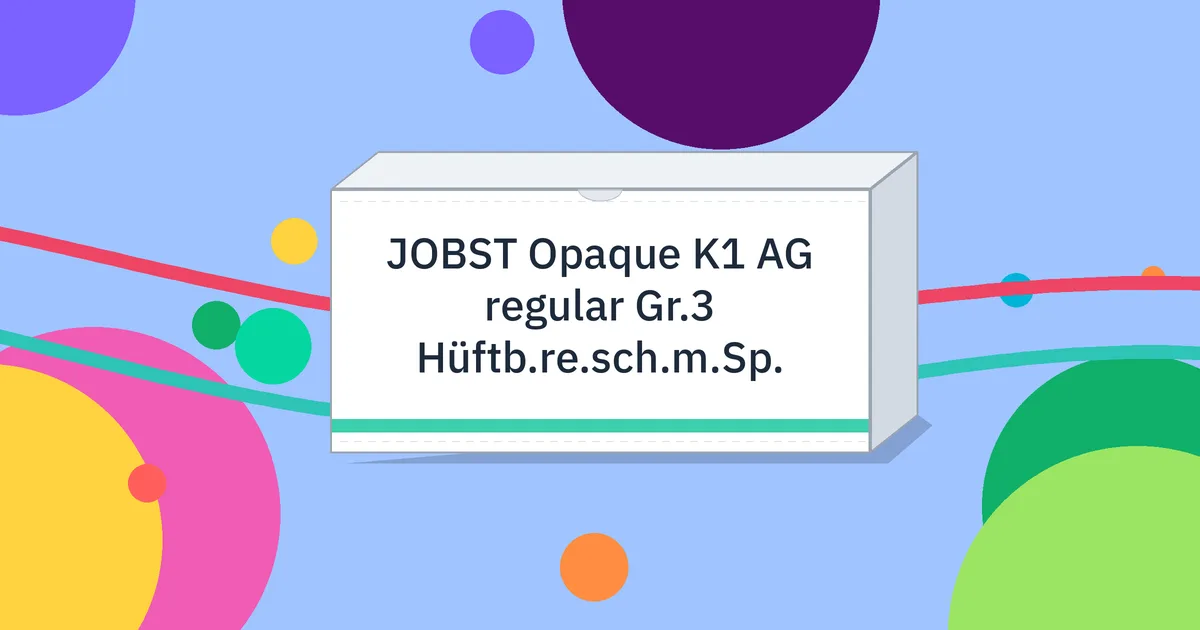 Symbolbild: Packung mit der Aufschrift JOBST Opaque K1 AG regular Gr.3 Hüftb.re.sch.m.Sp. (PZN 13101346) – Verfügbarkeit und Bezug in Apotheken in Frankfurt am Main