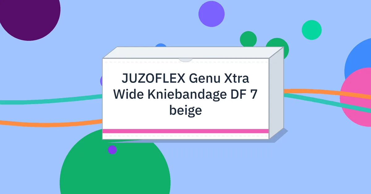 Symbolbild: Packung mit der Aufschrift JUZOFLEX Genu Xtra Wide Kniebandage DF 7 beige (PZN 16497824) – Verfügbarkeit und Bezug in Apotheken in Frankfurt am Main