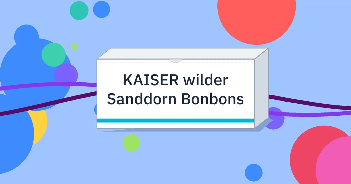 Symbolbild: Packung mit der Aufschrift KAISER wilder Sanddorn Bonbons (PZN 18242465) – Verfügbarkeit und Bezug in Apotheken in Frankfurt am Main