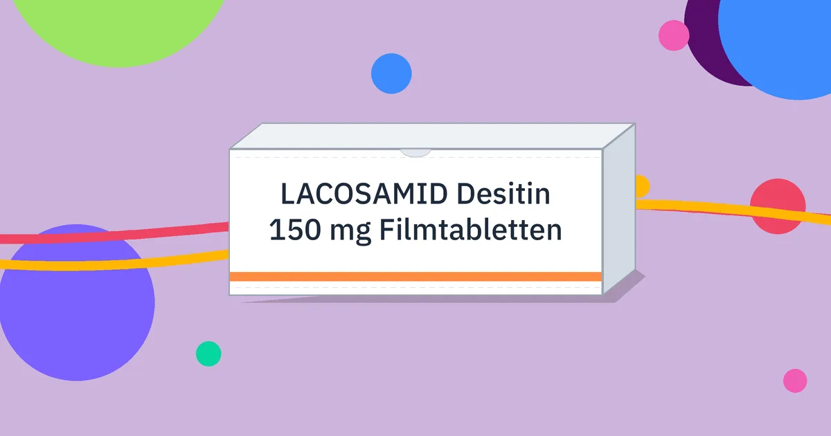 Symbolbild: Packung mit der Aufschrift LACOSAMID Desitin 150 mg Filmtabletten (PZN 17897299) – Verfügbarkeit und Bezug in Apotheken in Frankfurt am Main
