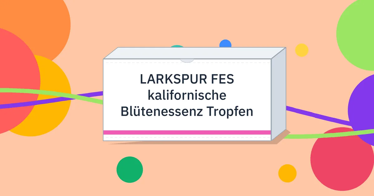 Symbolbild: Packung mit der Aufschrift LARKSPUR FES kalifornische Blütenessenz Tropfen (PZN 09172406) – Verfügbarkeit und Bezug in Apotheken in Frankfurt am Main