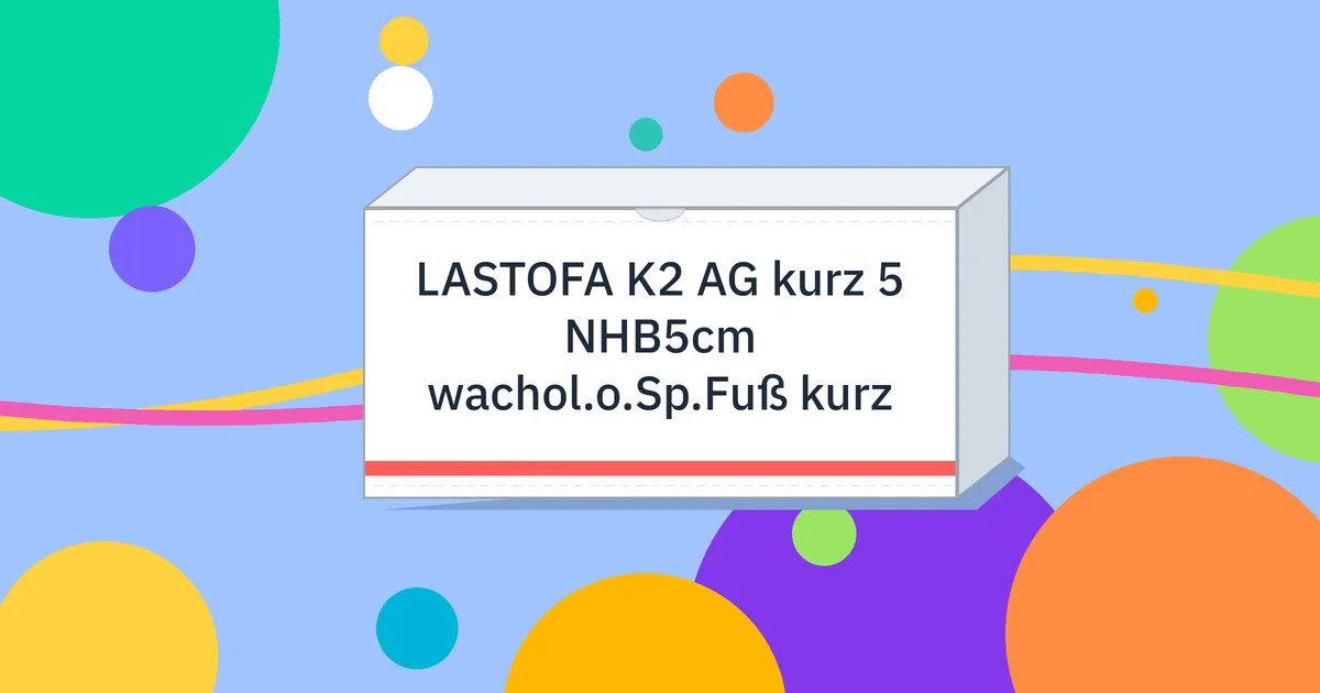 Symbolbild: Packung mit der Aufschrift LASTOFA K2 AG kurz 5 NHB5cm wachol.o.Sp.Fuß kurz (PZN 13806609) – Verfügbarkeit und Bezug in Apotheken in Frankfurt am Main