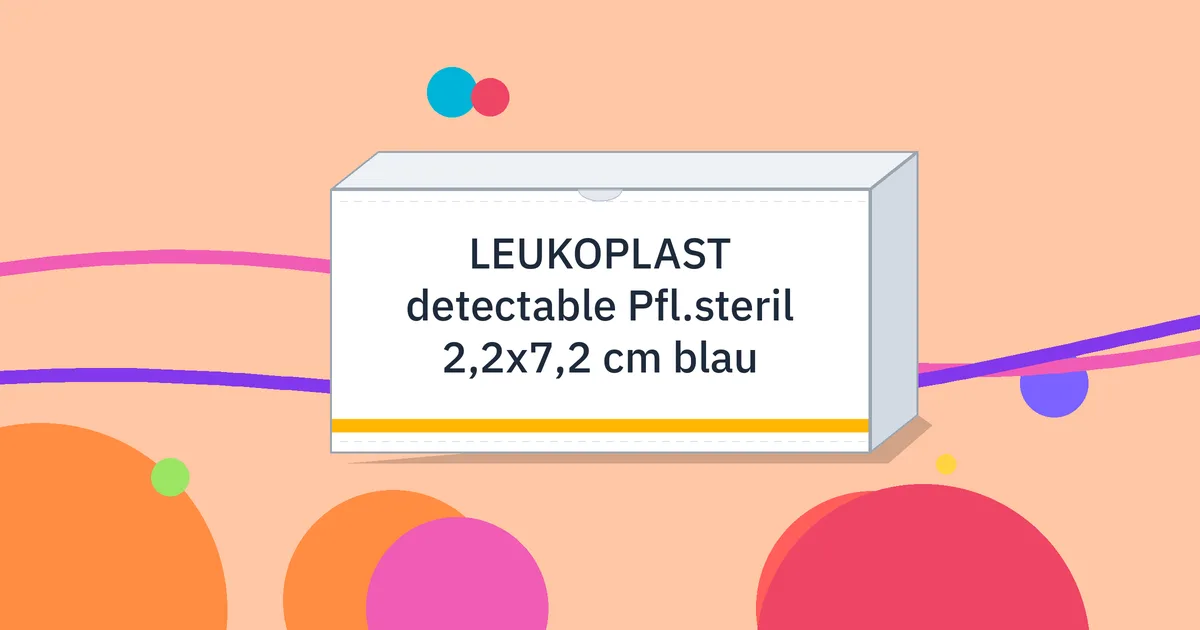 Symbolbild: Packung mit der Aufschrift LEUKOPLAST detectable Pfl.steril 2,2x7,2 cm blau (PZN 19882913) – Verfügbarkeit und Bezug in Apotheken in Frankfurt am Main