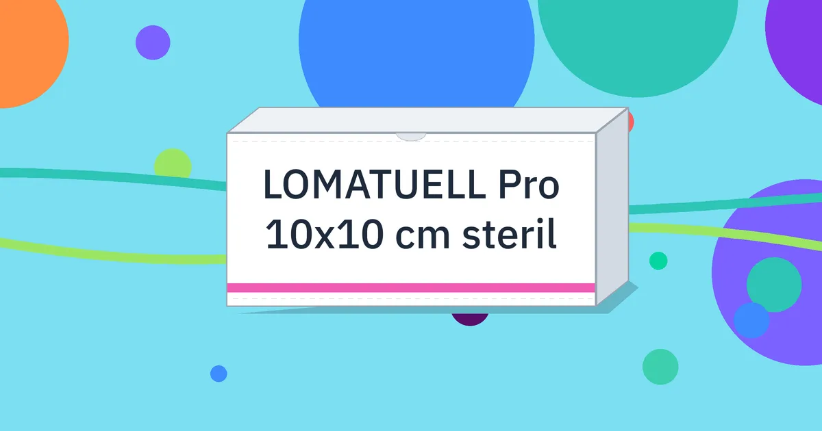 Symbolbild: Packung mit der Aufschrift LOMATUELL Pro 10x10 cm steril (PZN 15201715) – Verfügbarkeit und Bezug in Apotheken in Frankfurt am Main