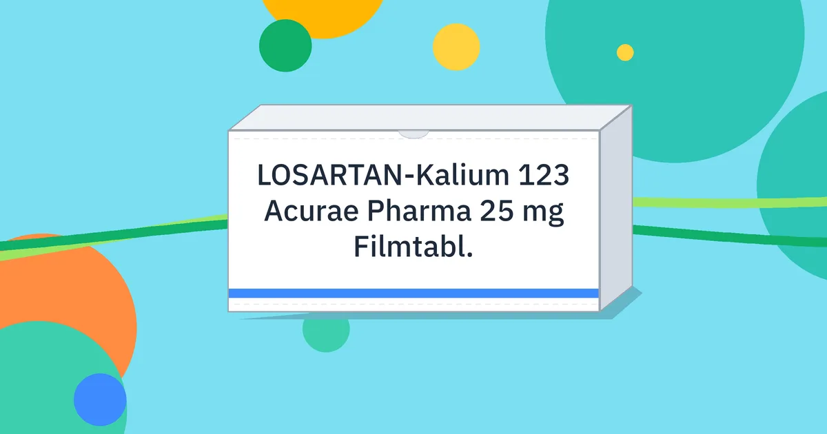 Symbolbild: Packung mit der Aufschrift LOSARTAN-Kalium 123 Acurae Pharma 25 mg Filmtabl. (PZN 19266692) – Verfügbarkeit und Bezug in Apotheken in Frankfurt am Main