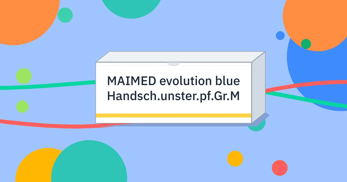 Symbolbild: Packung mit der Aufschrift MAIMED evolution blue Handsch.unster.pf.Gr.M (PZN 10146503) – Verfügbarkeit und Bezug in Apotheken in Frankfurt am Main