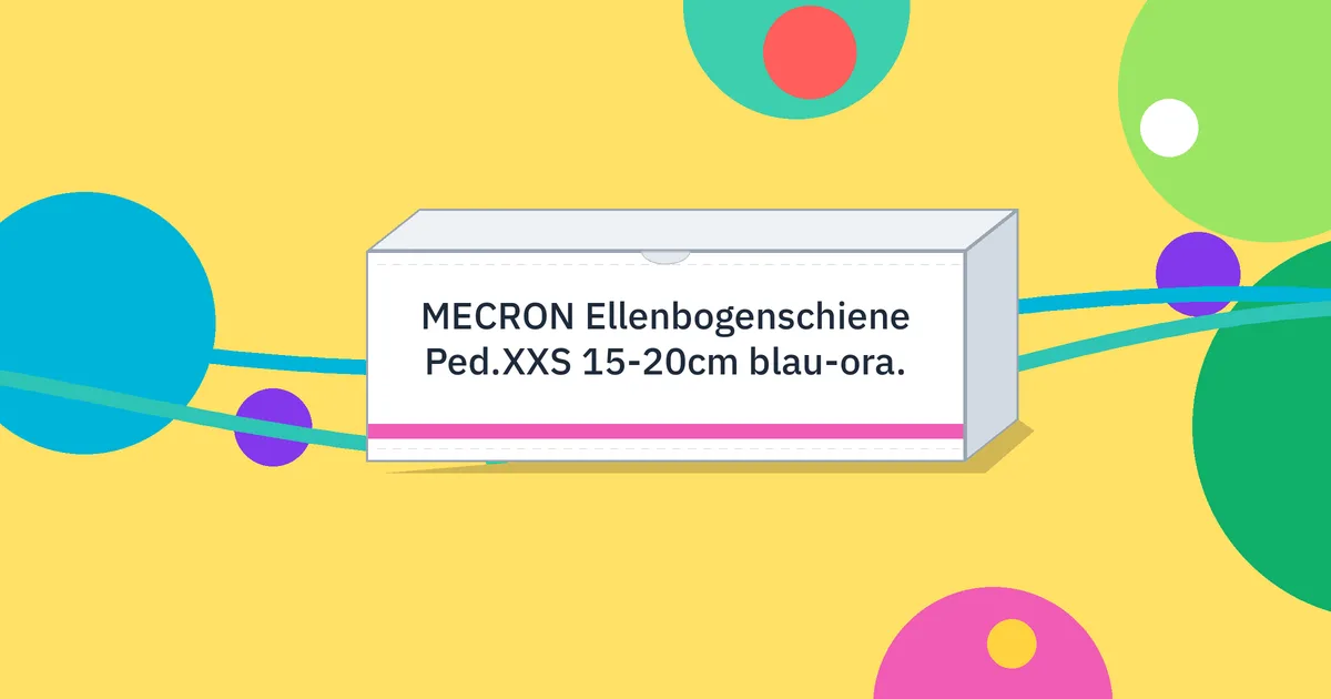 Symbolbild: Packung mit der Aufschrift MECRON Ellenbogenschiene Ped.XXS 15-20cm blau-ora. (PZN 18377863) – Verfügbarkeit und Bezug in Apotheken in Frankfurt am Main