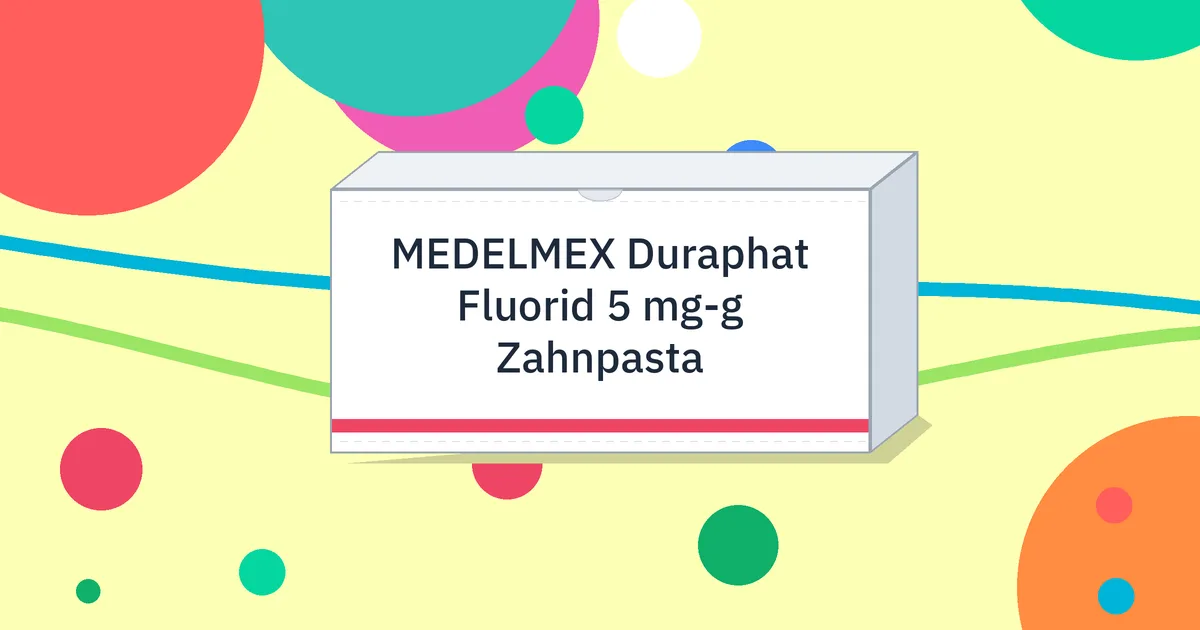 Symbolbild: Packung mit der Aufschrift MEDELMEX Duraphat Fluorid 5 mg-g Zahnpasta (PZN 18399178) – Verfügbarkeit und Bezug in Apotheken in Frankfurt am Main