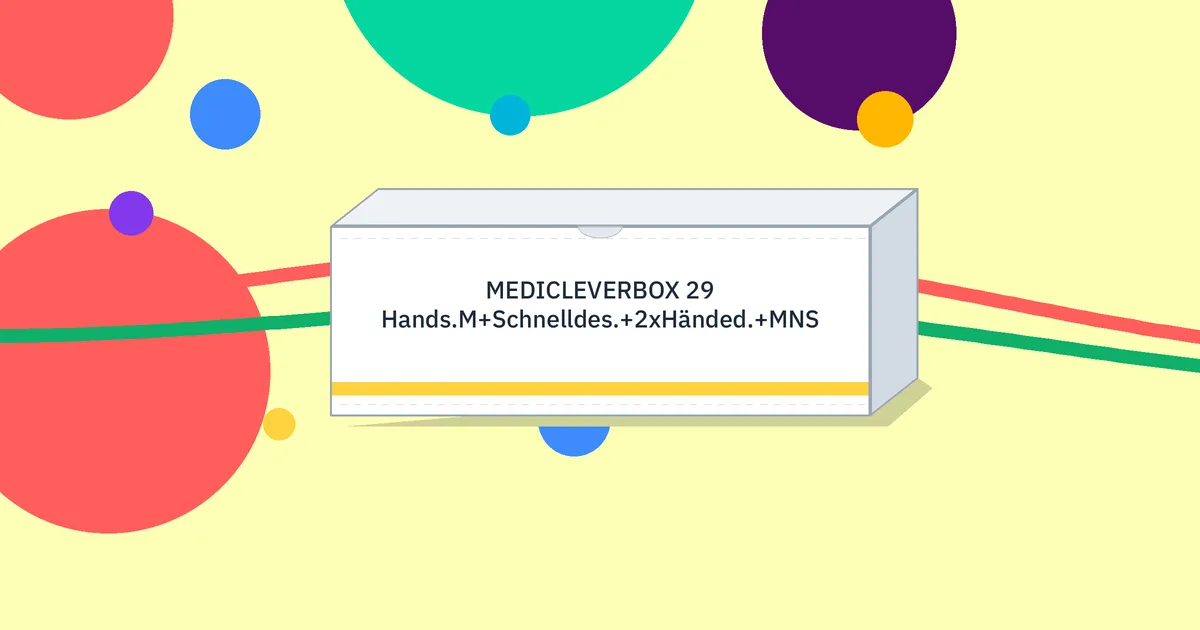 Symbolbild: Packung mit der Aufschrift MEDICLEVERBOX 29 Hands.M+Schnelldes.+2xHänded.+MNS (PZN 19112635) – Verfügbarkeit und Bezug in Apotheken in Frankfurt am Main