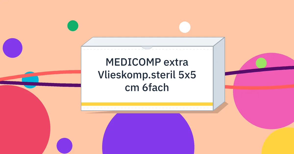 Symbolbild: Packung mit der Aufschrift MEDICOMP extra Vlieskomp.steril 5x5 cm 6fach (PZN 16585422) – Verfügbarkeit und Bezug in Apotheken in Frankfurt am Main