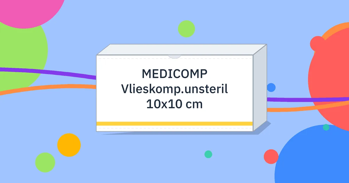 Symbolbild: Packung mit der Aufschrift MEDICOMP Vlieskomp.unsteril 10x10 cm (PZN 12593933) – Verfügbarkeit und Bezug in Apotheken in Frankfurt am Main