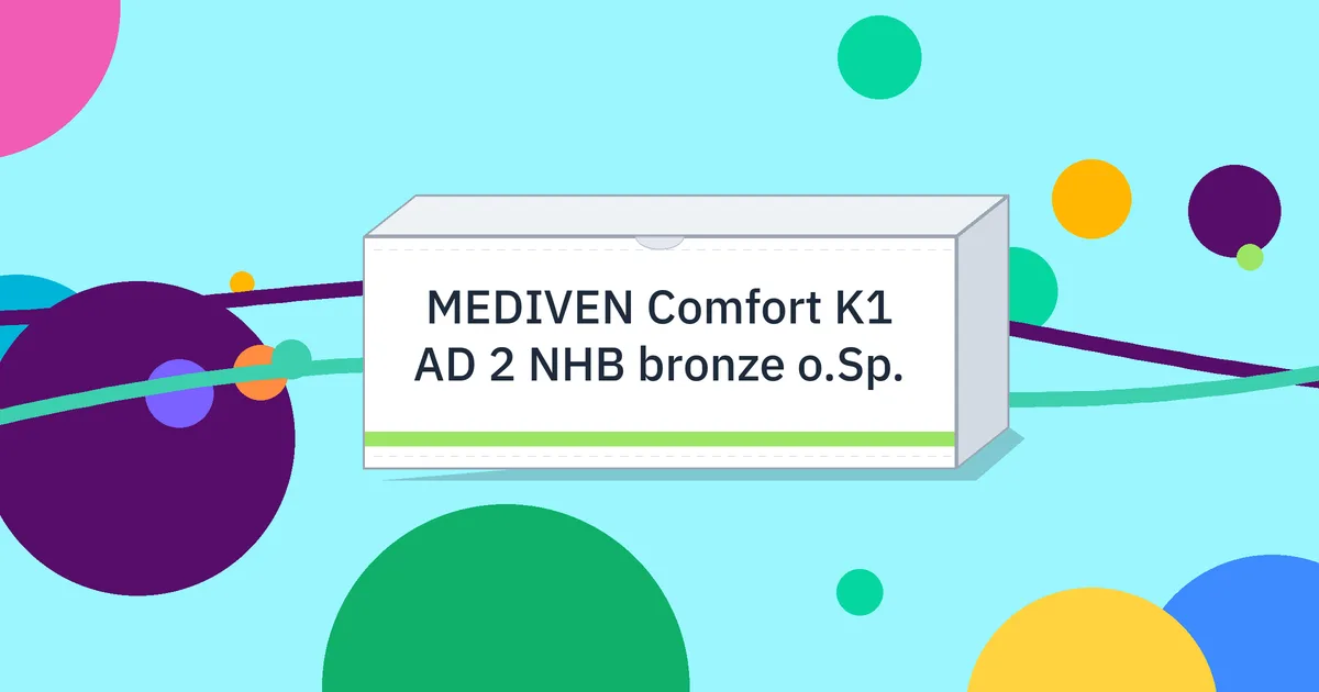 Symbolbild: Packung mit der Aufschrift MEDIVEN Comfort K1 AD 2 NHB bronze o.Sp. (PZN 14560381) – Verfügbarkeit und Bezug in Apotheken in Frankfurt am Main