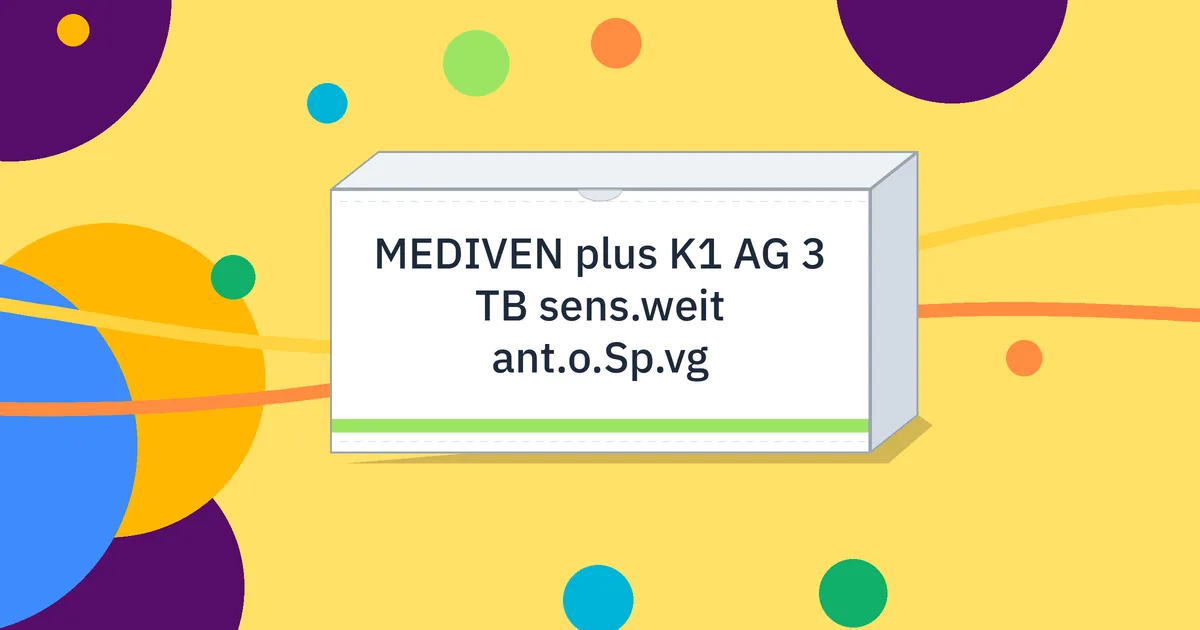 Symbolbild: Packung mit der Aufschrift MEDIVEN plus K1 AG 3 TB sens.weit ant.o.Sp.vg (PZN 15064856) – Verfügbarkeit und Bezug in Apotheken in Frankfurt am Main