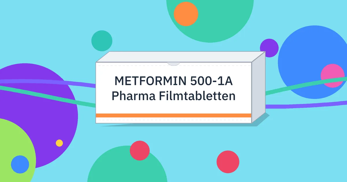 Symbolbild: Packung mit der Aufschrift METFORMIN 500-1A Pharma Filmtabletten (PZN 00113773) – Verfügbarkeit und Bezug in Apotheken in Frankfurt am Main