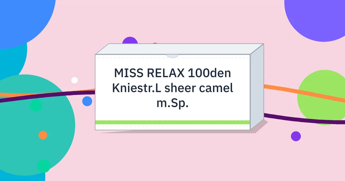 Symbolbild: Packung mit der Aufschrift MISS RELAX 100den Kniestr.L sheer camel m.Sp. (PZN 04269667) – Verfügbarkeit und Bezug in Apotheken in Frankfurt am Main