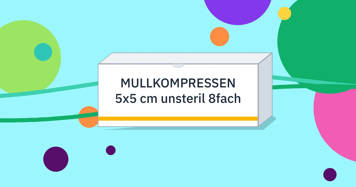Symbolbild: Packung mit der Aufschrift MULLKOMPRESSEN 5x5 cm unsteril 8fach (PZN 07623537) – Verfügbarkeit und Bezug in Apotheken in Frankfurt am Main