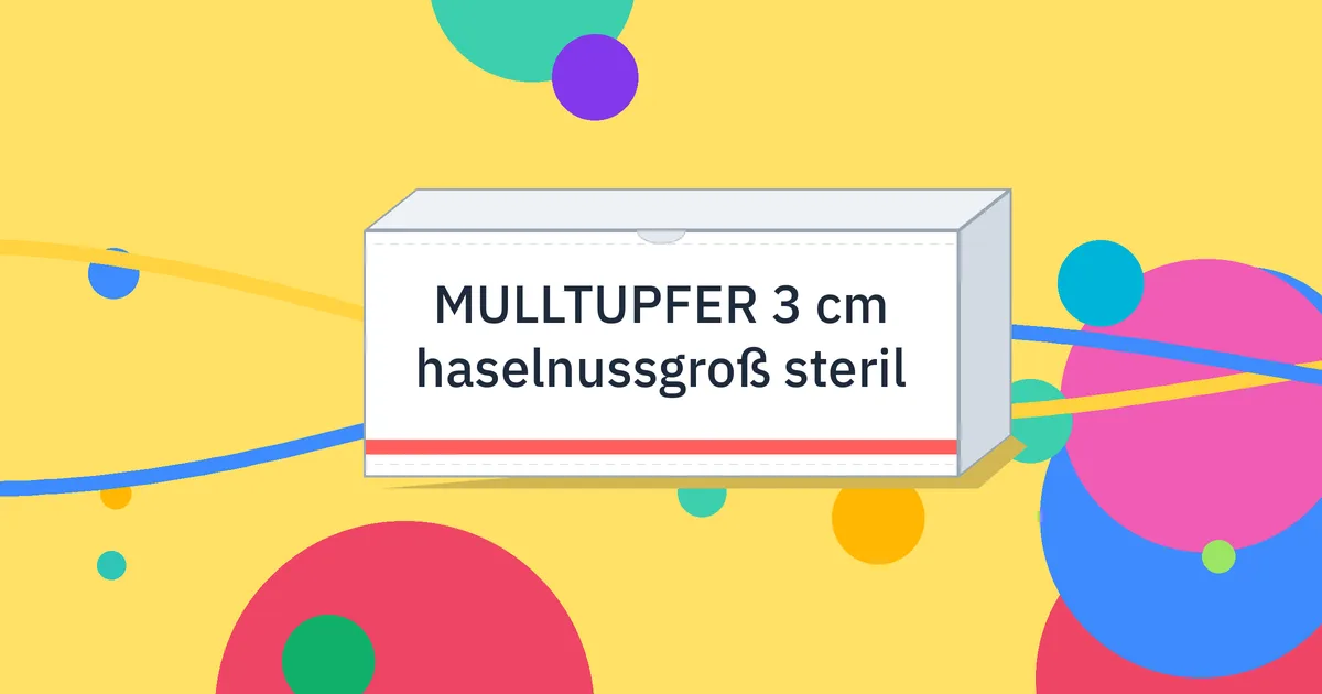 Symbolbild: Packung mit der Aufschrift MULLTUPFER 3 cm haselnussgroß steril (PZN 17549859) – Verfügbarkeit und Bezug in Apotheken in Frankfurt am Main