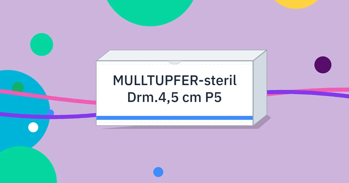 Symbolbild: Packung mit der Aufschrift MULLTUPFER-steril Drm.4,5 cm P5 (PZN 18307130) – Verfügbarkeit und Bezug in Apotheken in Frankfurt am Main