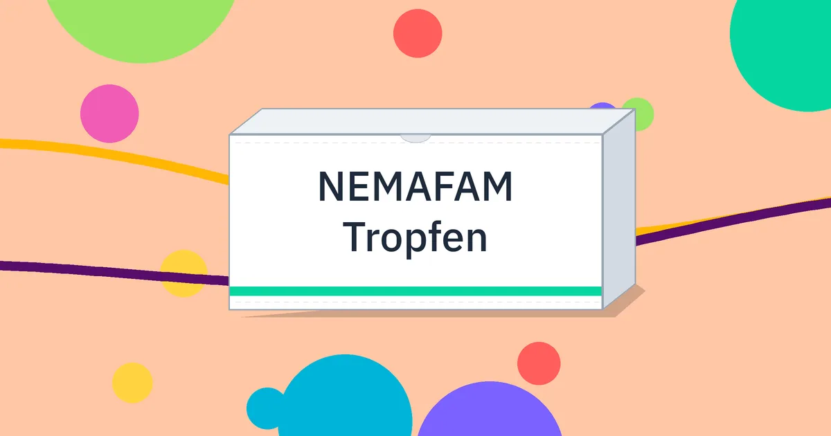 Symbolbild: Packung mit der Aufschrift NEMAFAM Tropfen (PZN 01828652) – Verfügbarkeit und Bezug in Apotheken in Frankfurt am Main