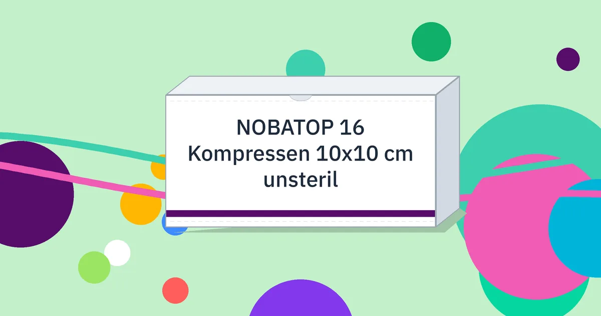 Symbolbild: Packung mit der Aufschrift NOBATOP 16 Kompressen 10x10 cm unsteril (PZN 16259711) – Verfügbarkeit und Bezug in Apotheken in Frankfurt am Main