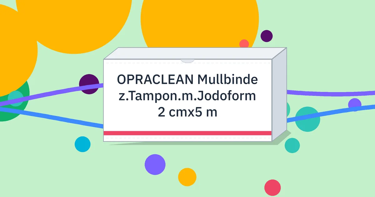 Symbolbild: Packung mit der Aufschrift OPRACLEAN Mullbinde z.Tampon.m.Jodoform 2 cmx5 m (PZN 17975504) – Verfügbarkeit und Bezug in Apotheken in Frankfurt am Main