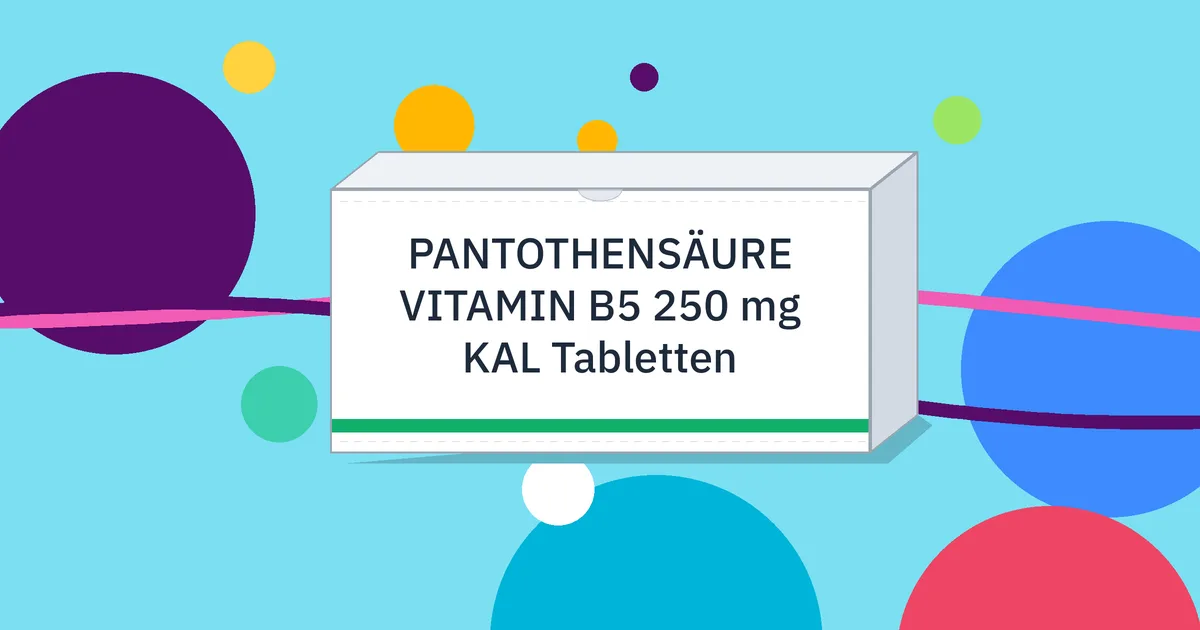 Symbolbild: Packung mit der Aufschrift PANTOTHENSÄURE VITAMIN B5 250 mg KAL Tabletten (PZN 13895139) – Verfügbarkeit und Bezug in Apotheken in Frankfurt am Main
