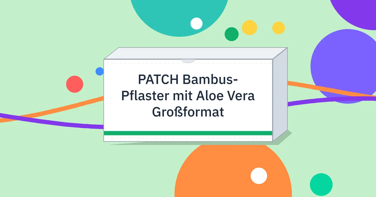 Symbolbild: Packung mit der Aufschrift PATCH Bambus-Pflaster mit Aloe Vera Großformat (PZN 17922666) – Verfügbarkeit und Bezug in Apotheken in Frankfurt am Main