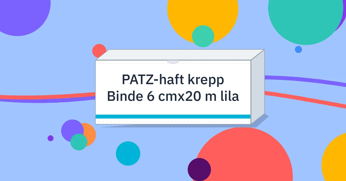 Symbolbild: Packung mit der Aufschrift PATZ-haft krepp Binde 6 cmx20 m lila (PZN 08929155) – Verfügbarkeit und Bezug in Apotheken in Frankfurt am Main