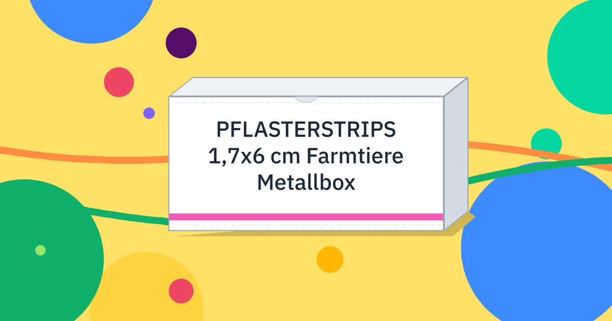 Symbolbild: Packung mit der Aufschrift PFLASTERSTRIPS 1,7x6 cm Farmtiere Metallbox (PZN 16085375) – Verfügbarkeit und Bezug in Apotheken in Frankfurt am Main