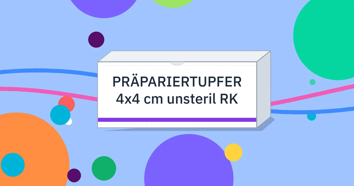 Symbolbild: Packung mit der Aufschrift PRÄPARIERTUPFER 4x4 cm unsteril RK (PZN 13583440) – Verfügbarkeit und Bezug in Apotheken in Frankfurt am Main