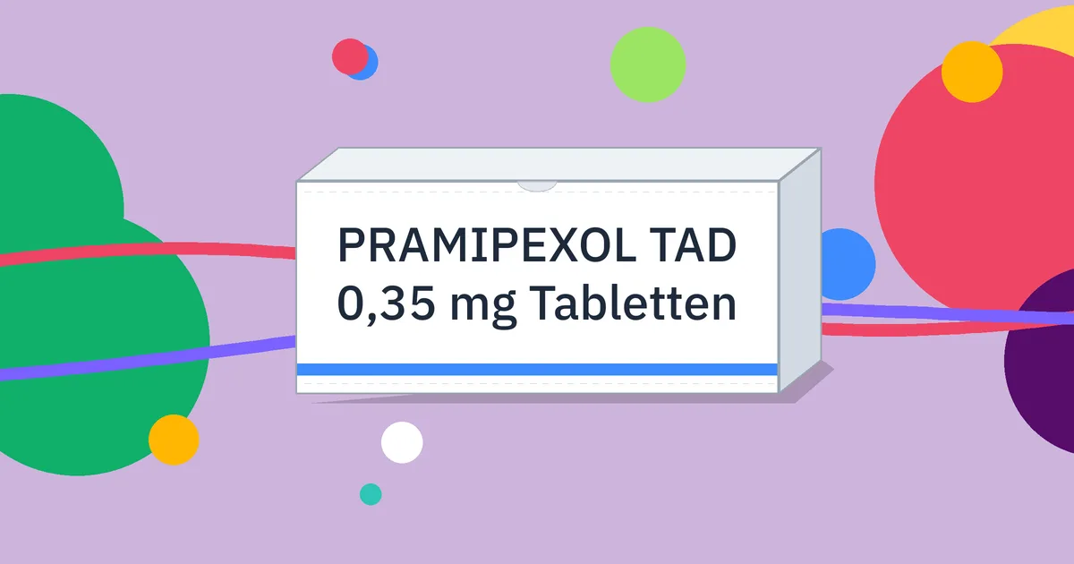 Symbolbild: Packung mit der Aufschrift PRAMIPEXOL TAD 0,35 mg Tabletten (PZN 09197458) – Verfügbarkeit und Bezug in Apotheken in Frankfurt am Main