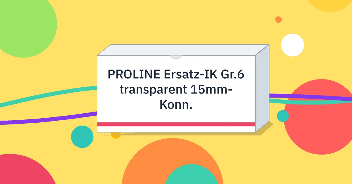 Symbolbild: Packung mit der Aufschrift PROLINE Ersatz-IK Gr.6 transparent 15mm-Konn. (PZN 18782581) – Verfügbarkeit und Bezug in Apotheken in Frankfurt am Main