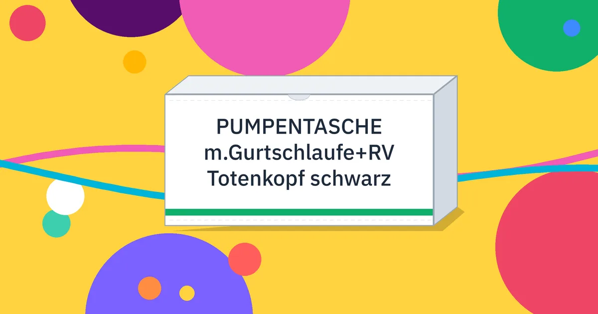 Symbolbild: Packung mit der Aufschrift PUMPENTASCHE m.Gurtschlaufe+RV Totenkopf schwarz (PZN 11552665) – Verfügbarkeit und Bezug in Apotheken in Frankfurt am Main