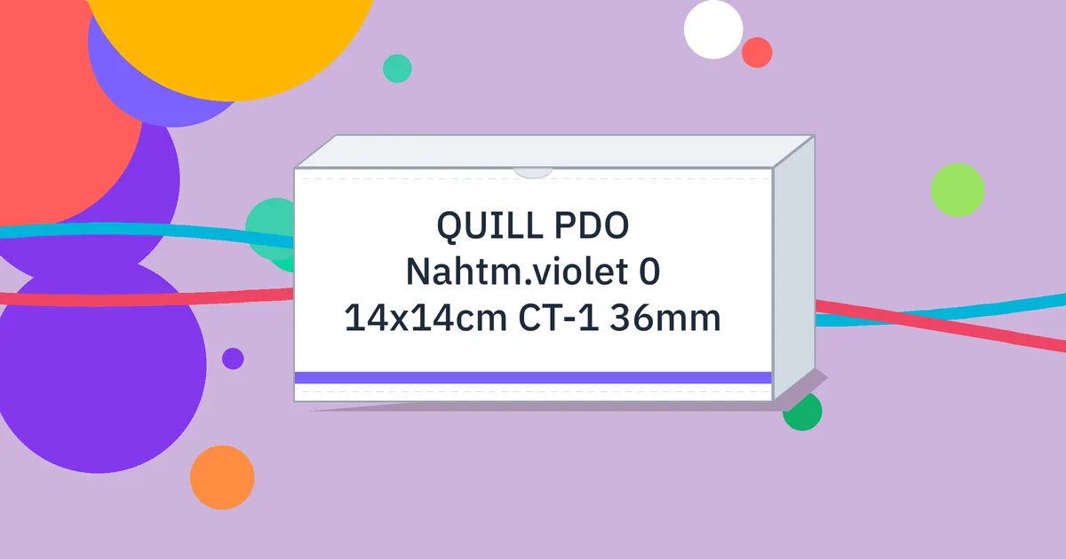 Symbolbild: Packung mit der Aufschrift QUILL PDO Nahtm.violet 0 14x14cm CT-1 36mm (PZN 17989239) – Verfügbarkeit und Bezug in Apotheken in Frankfurt am Main
