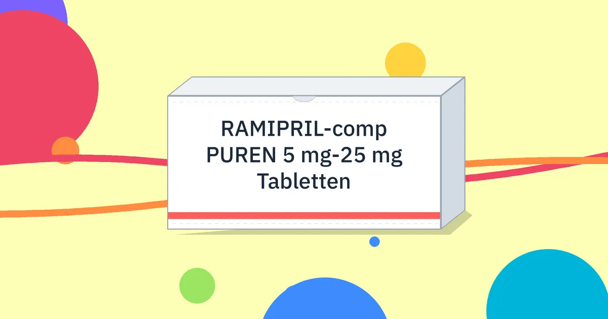 Symbolbild: Packung mit der Aufschrift RAMIPRIL-comp PUREN 5 mg-25 mg Tabletten (PZN 11357975) – Verfügbarkeit und Bezug in Apotheken in Frankfurt am Main