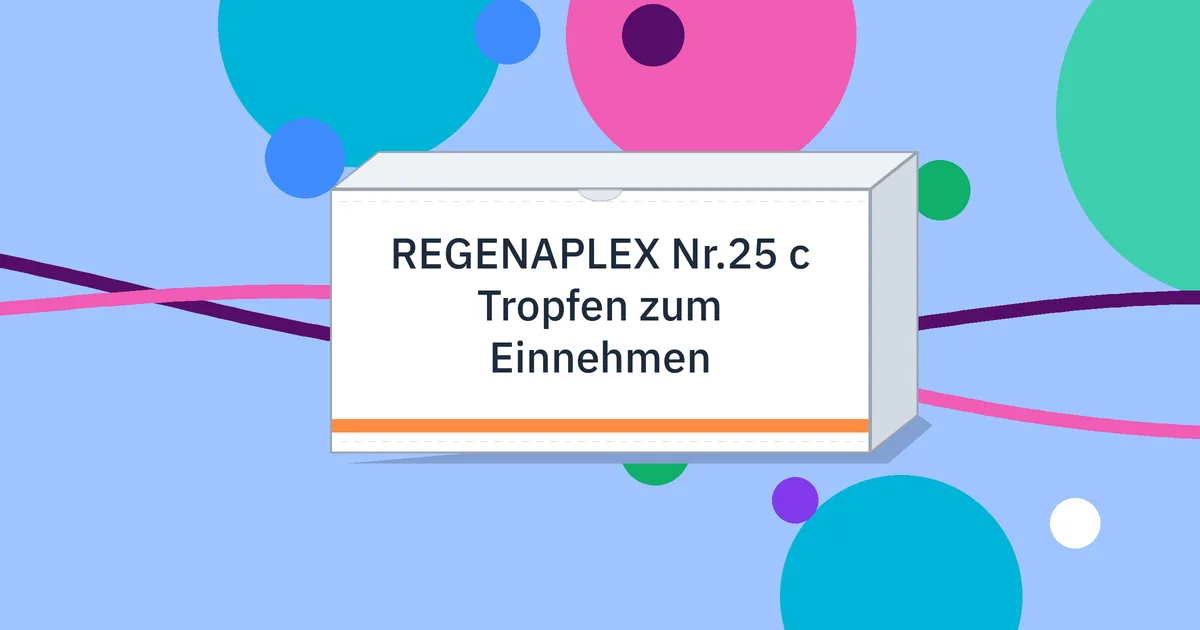 Symbolbild: Packung mit der Aufschrift REGENAPLEX Nr.25 c Tropfen zum Einnehmen (PZN 02642228) – Verfügbarkeit und Bezug in Apotheken in Frankfurt am Main