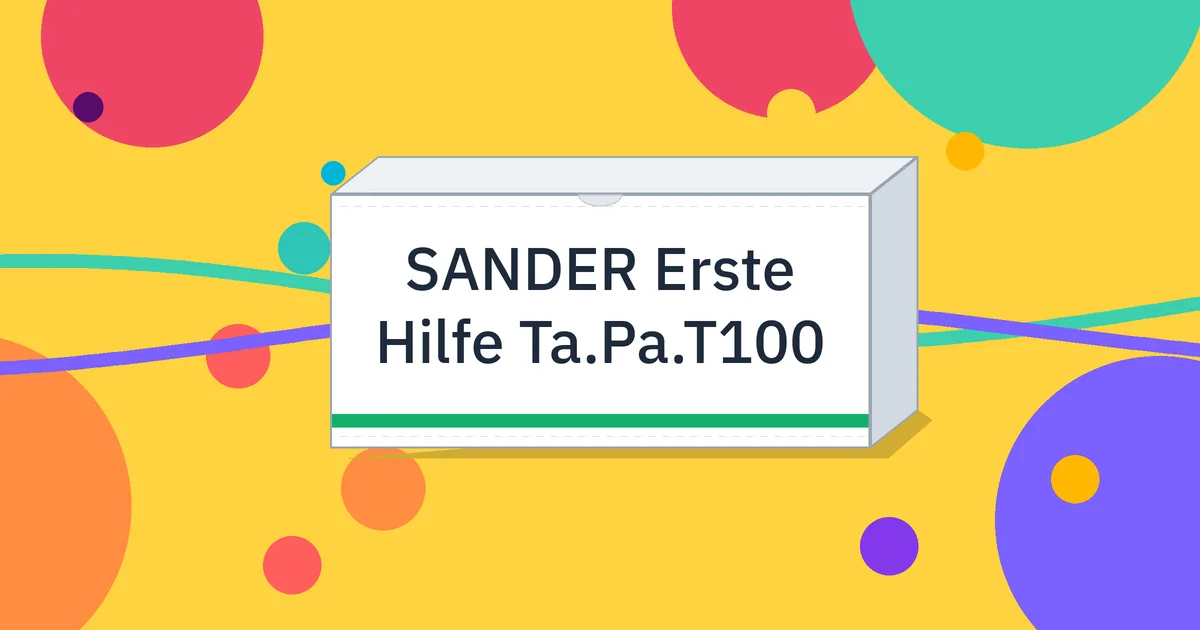 Symbolbild: Packung mit der Aufschrift SANDER Erste Hilfe Ta.Pa.T100 (PZN 00343160) – Verfügbarkeit und Bezug in Apotheken in Frankfurt am Main