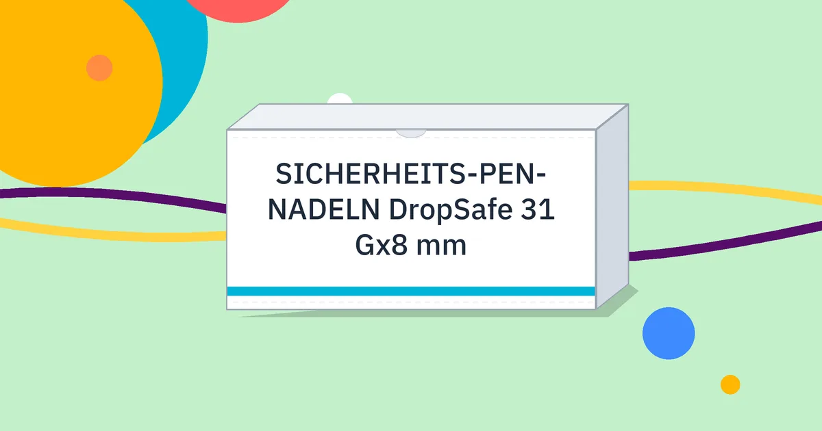 Symbolbild: Packung mit der Aufschrift SICHERHEITS-PEN-NADELN DropSafe 31 Gx8 mm (PZN 17627855) – Verfügbarkeit und Bezug in Apotheken in Frankfurt am Main