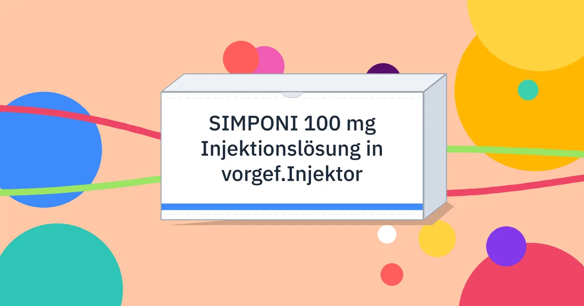 Symbolbild: Packung mit der Aufschrift SIMPONI 100 mg Injektionslösung in vorgef.Injektor (PZN 15895801) – Verfügbarkeit und Bezug in Apotheken in Frankfurt am Main
